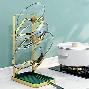 Pot Lid Holders 3 Layer With Removable Drain Tray Lid Stand Rack for Kitchen Cooking Pot Lid Organizer Spoon Rest Holder Cutting Boards Gold Rack