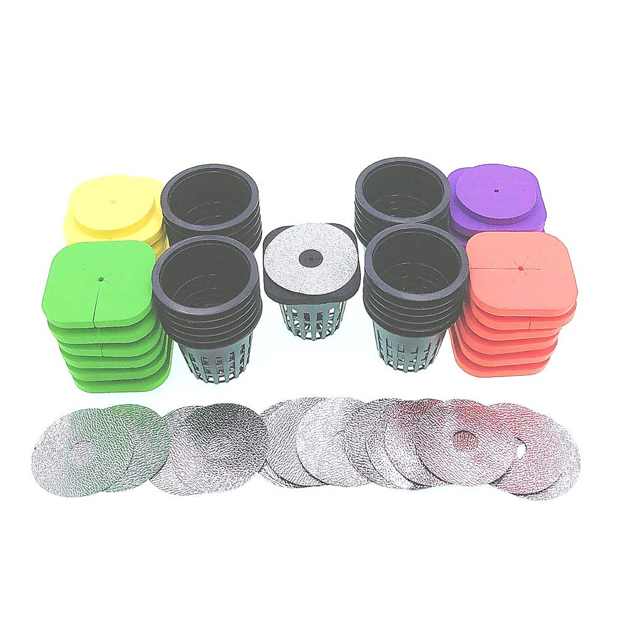 HORTIPOTS 2-Layered Clone Collars w 2 in Net Pots & Reflective Lids, Replacement for 24-Sited DWC Cutting Clone & Seedling Root System (4-Colored Pack of 25)