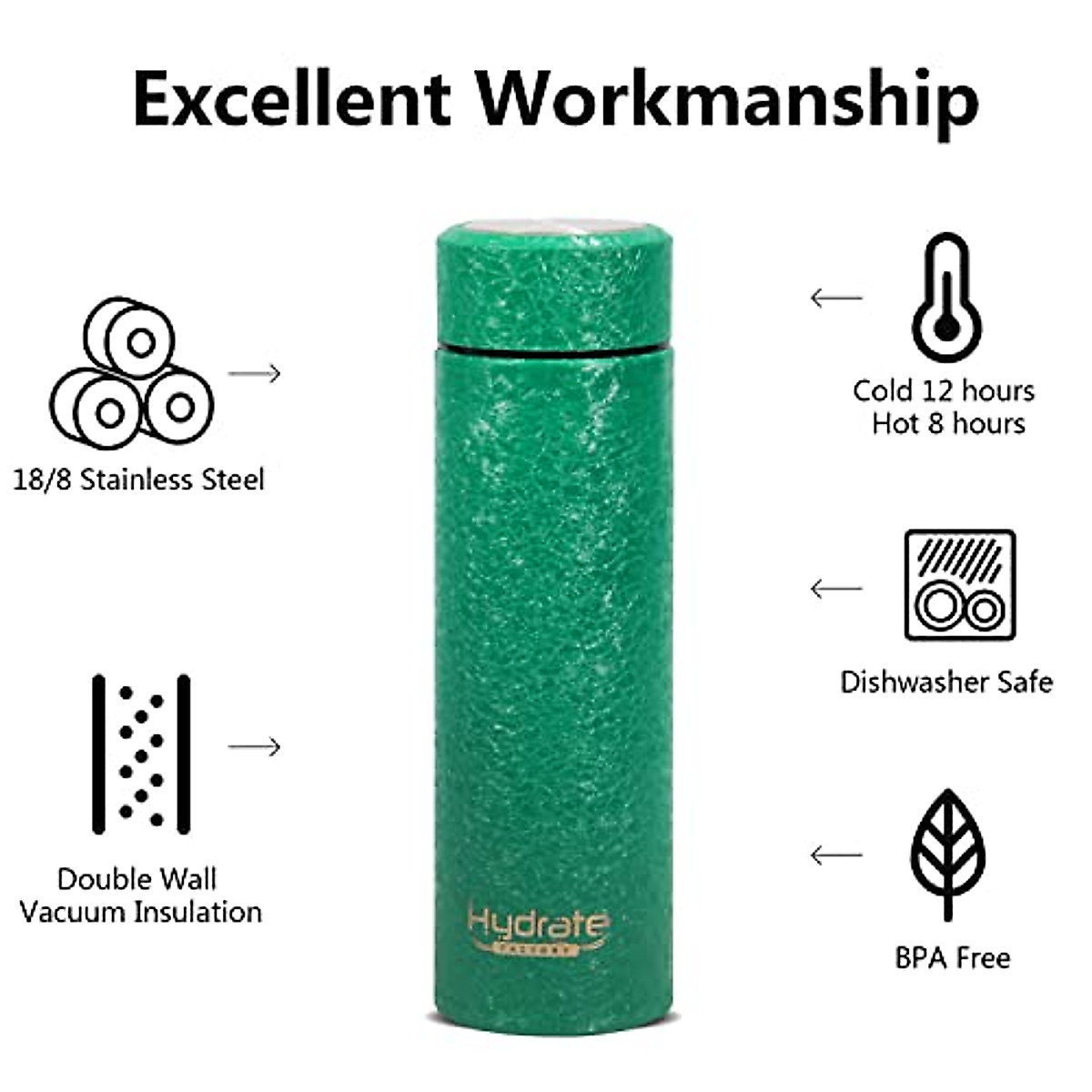 Hydrate Factory Ice Crack Insulated Water Bottle/Tea Flask/Coffee Mug with Tea Coffee Fruit Stainless Steel Bottle Infuser Ideal for Yoga Gym Work School (Emerald Green) - 500ml
