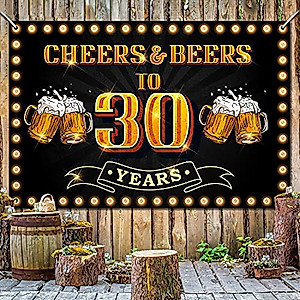 Cheers and Beers to 30 years Banner Backdrop Happy 30th Birthday Background for Men Women Photography Bday Anniversary Party Sign Decorations Supplies Black and Gold