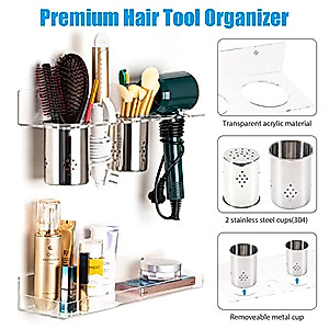 NatldGs Hair Tool Organizer Wall Mounted, Set of 2 Acrylic Hair Dryer Holder, Bathroom Vanity Organizers and Storage for Curling Iron, Hot Tools, Blow Dryer and Makeup Products