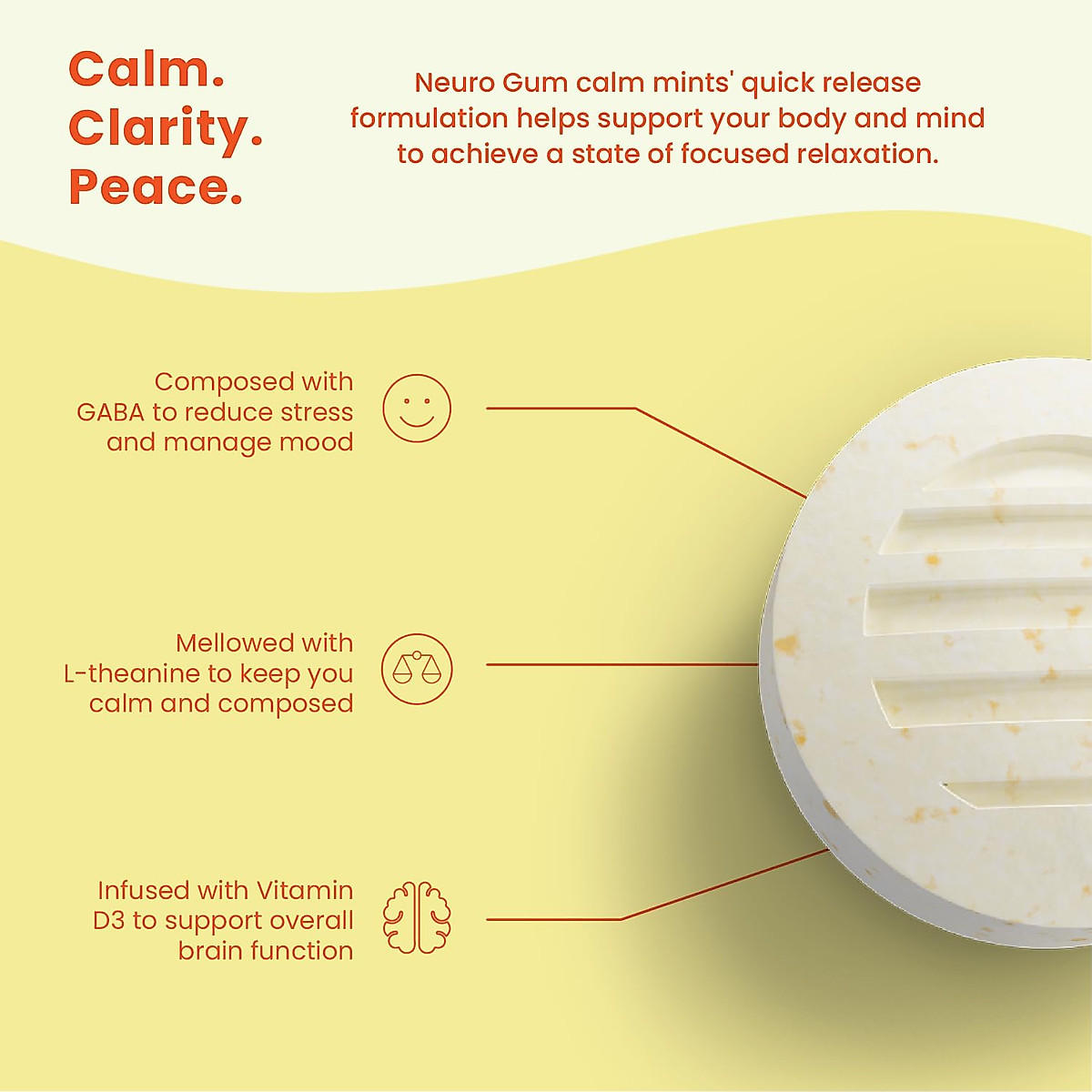 NeuroGum Calm & Clarity Mints (90 Pieces) - Sugar Free with L-theanine + GABA + Vitamin D3 - Nootropic Brain Supplements for Memory - Enhances Calm, Stress Relief for Men & Women - Honey Lemon