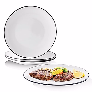 YOLIFE 10 inch Dinner Plate, Set of 4 White and Black Trim Porcelain Plates
