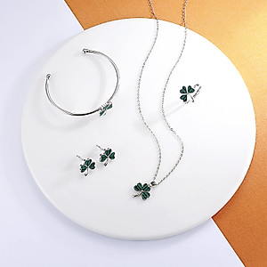 Shamrock St. Patrick's Day Necklace Earrings Ring Bracelet Jewelry Set Green Three Leaf Heart Clover Jewelry Gift for Women (Silver)