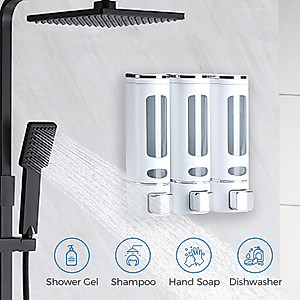 Nellyke Shampoo Dispensers for Shower Wall Mounted Soap Dispenser 3 Chambers Conditioner Body Wash Dispenser Set Clear with Glue(or Wall Mounted by Screws)，3 Chambers，White