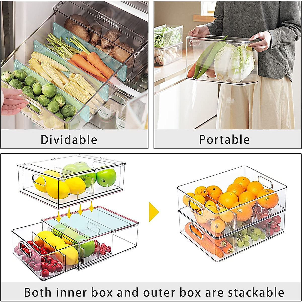MineSign 4 pack Stackable Refrigerator Organizer Bins Pull-Out Drawers for Fruit and Veggies Storage Organizer for Fridge Clear Drawer Containers with Handle Divided Organization for Produce Saver