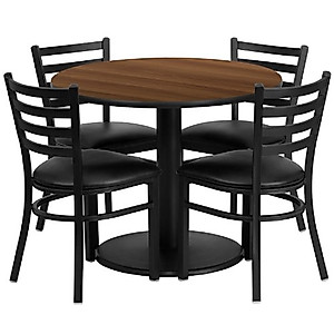 Flash Furniture 36'' Round Walnut Laminate Table Set with Round Base and 4 Ladder Back Metal Chairs - Black Vinyl Seat