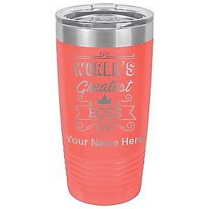 LaserGram 20oz Vacuum Insulated Tumbler Mug, World's Greatest Boss, Personalized Engraving Included (Coral)