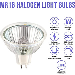 RuLEDne MR16 GU5.3 Halogen Bulbs 42W Dimmable Warm White 2800k, AC 120V GU5.3 Bulb, Non Flicker, 360 Beam Angle, Bright MR16 Halogen Light Bulbs for Home Lighting