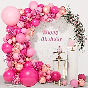 Amandir 162Pcs Pink Balloon Garland Arch Kit Hot Pink Rose Gold Confetti Metallic Heart Balloons for Minie Barbi Princess Party Decorations Girl Birthday Bridal Shower Wedding Supplies