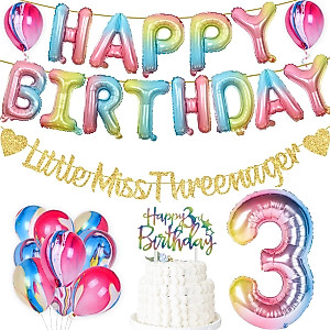 Rainbow 3rd Birthday Party Decorations for Girls - Gradient Party Supplies with Little Miss Threenager Banner Number 3 Balloon Happy Birthday Balloons Banner Cake Topper for Three Years Old Birthday