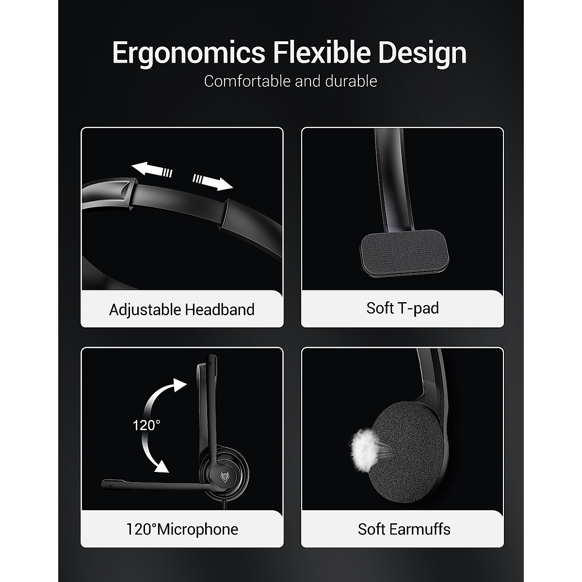 NUBWO HW02 USB Headset with Microphone Noise Cancelling &in-line Control, Super Light, Ultra Comfort Computer Headset for Laptop pc, On-Ear Wired Office Call Center Headset for Boom Skype Webinars