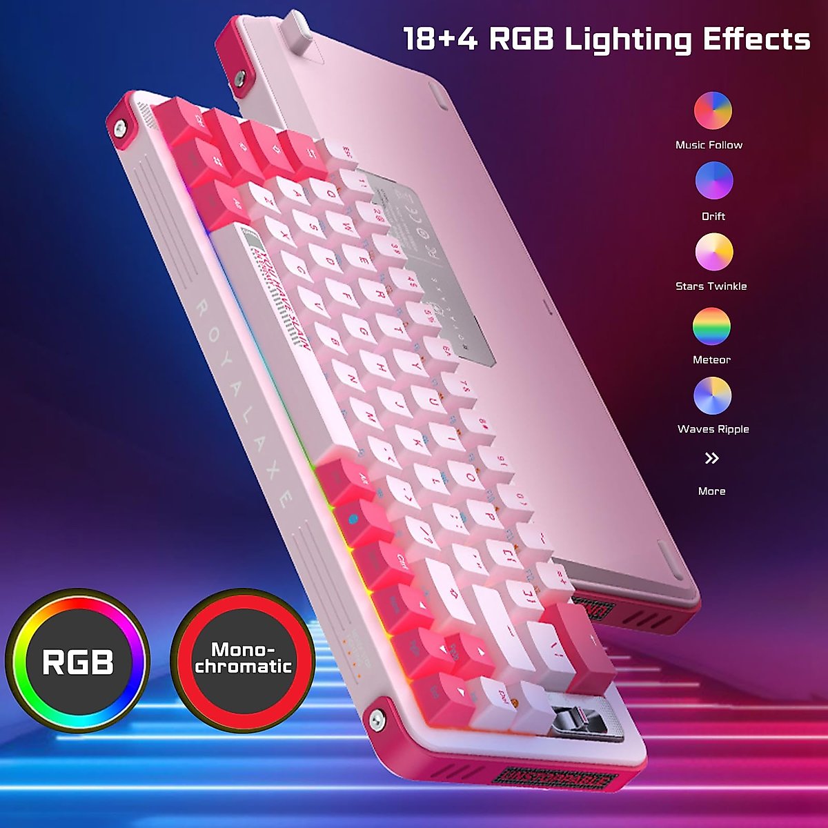 ROYALAXE Y68 TKL Wireless Mechanical Keyboard, Hot Swappable Wired/Bluetooth 5.0/2.4G Wireless Keyboard with RGB Light for Windows & Mac, PBT Keycap, Gateron G Yellow Pro Switch, Candy Pink