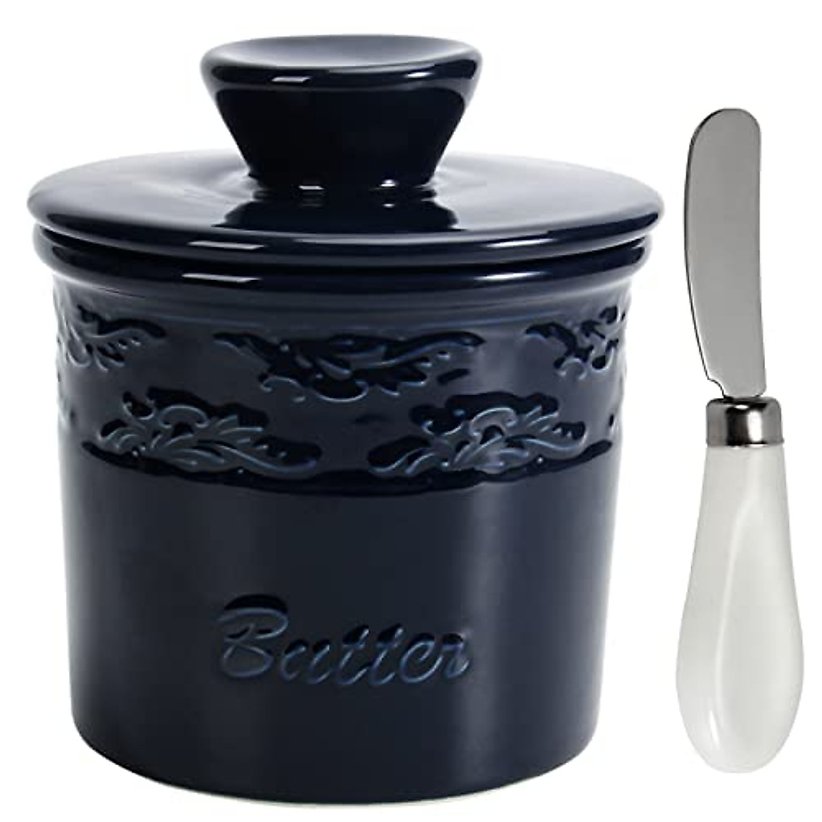 SGAOFIEE Porcelain Butter Crock, Butter Keeper Dish, French Ceramic Crock with Lid, Countertop French Ceramic Butter Dish Keeper for Spreadable Butter, Navy