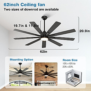 warmiplanet Ceiling Fan with Lights Remote Control, 62-Inch, Silent DC Motor, 6 Speed, Dimmable LED Light, Black(9-Blades)
