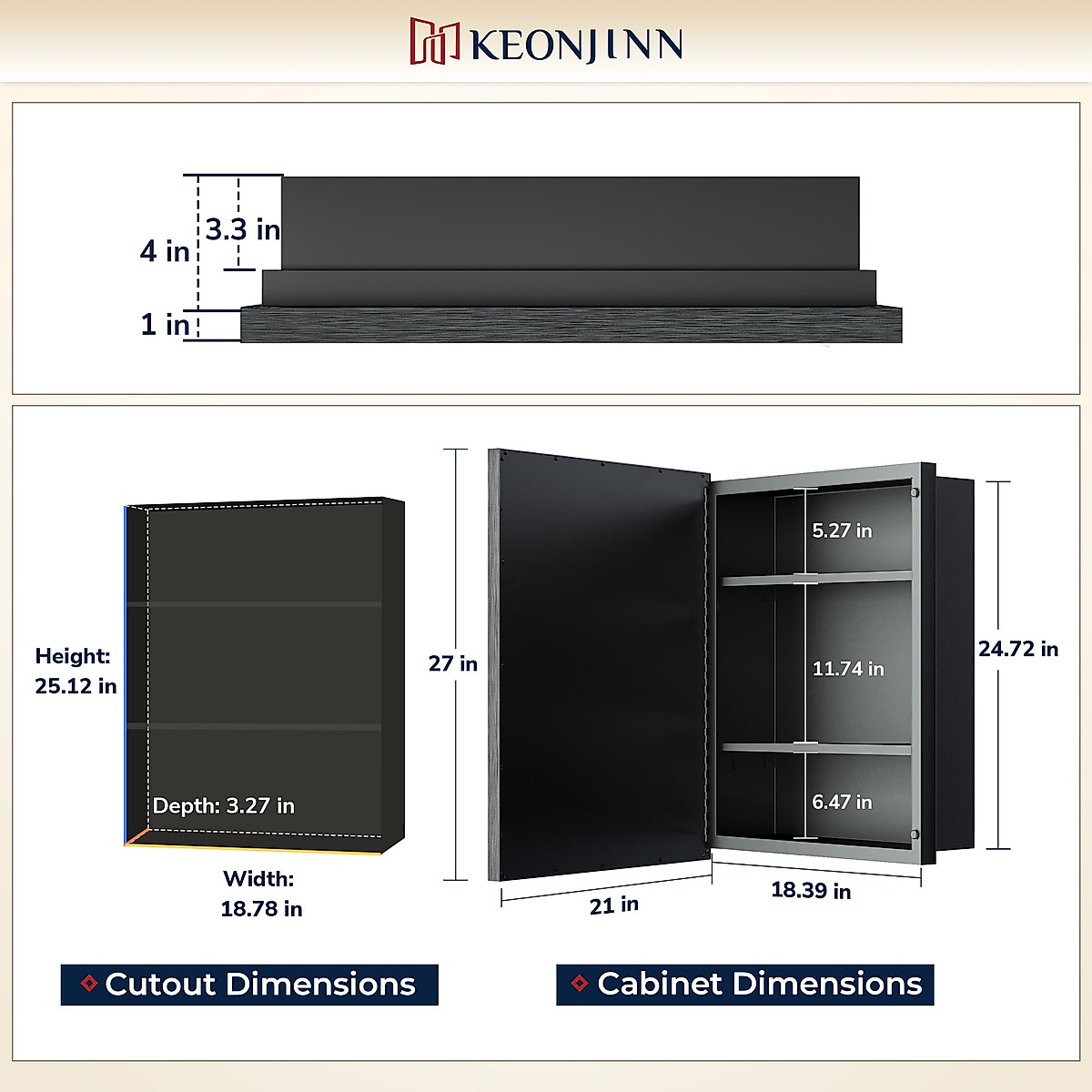 Keonjinn 21" x 27" Black Bathroom Medicine Cabinets with Mirror, Recessed or Surface Wall-Mounted Aluminum Alloy Metal Framed Beveled Mirror, Single Door Farmhouse Bathroom Mirror with Storage Cabinet