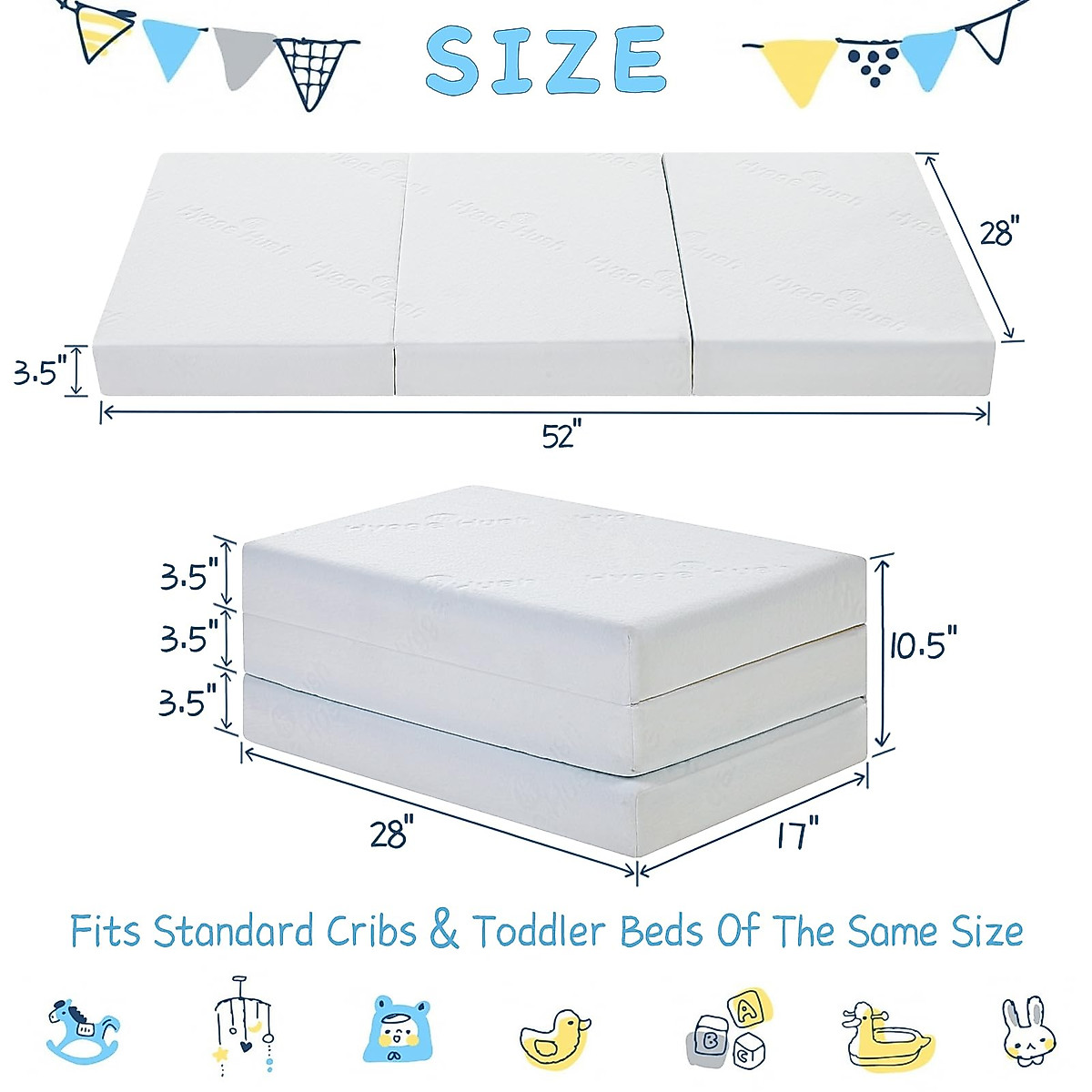 Hygge Hush Tri-fold Baby Mattress, Soft Memory Foam Toddler Mattress, Waterproof Baby Mattresses for Toddler, Removable and Machine Washable Mattress Cover, 52"x28"x3.5"