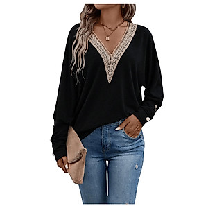 GORGLITTER Women's Guipure Lace Long Sleeve Sweatshirt V Neck Casual Pullover Tops Black Medium