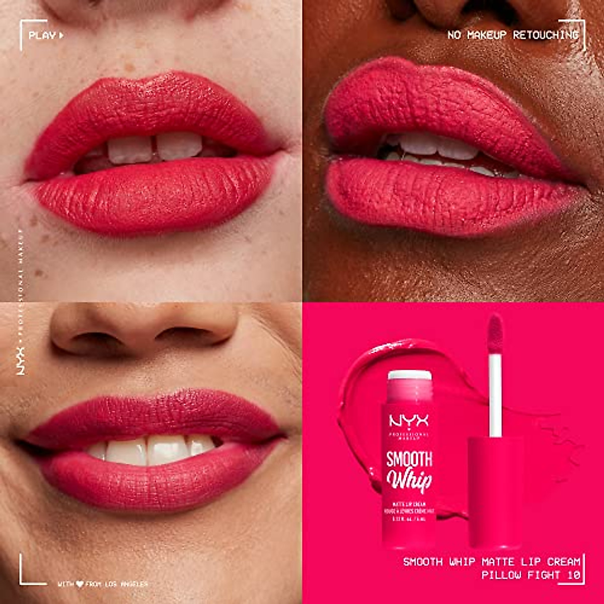 NYX PROFESSIONAL MAKEUP Smooth Whip Matte Lip Cream, Long Lasting, Moisturizing, Vegan Liquid Lipstick - Pillow Fight (Hot Fuschia)