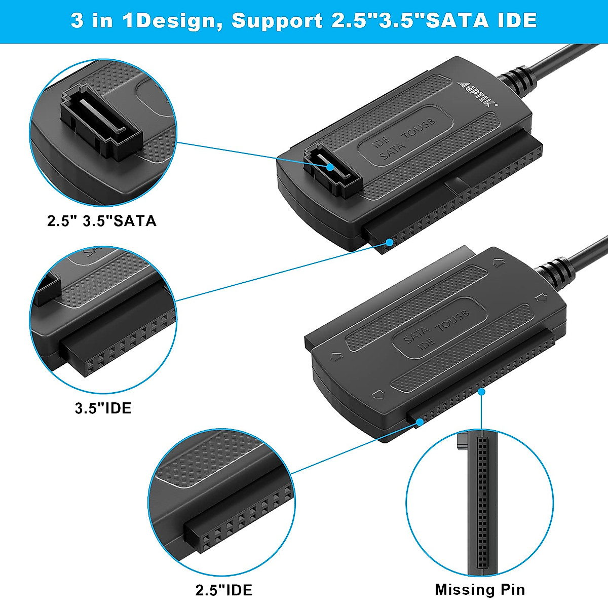 AGPTEK® SATA/PATA/IDE Drive to USB 2.0 Adapter Converter Cable for Hard Drive Disk HDD 2.5" 3.5", Compatible with USB 1.1/2.0/3.0, with External AC Power Adapter Included