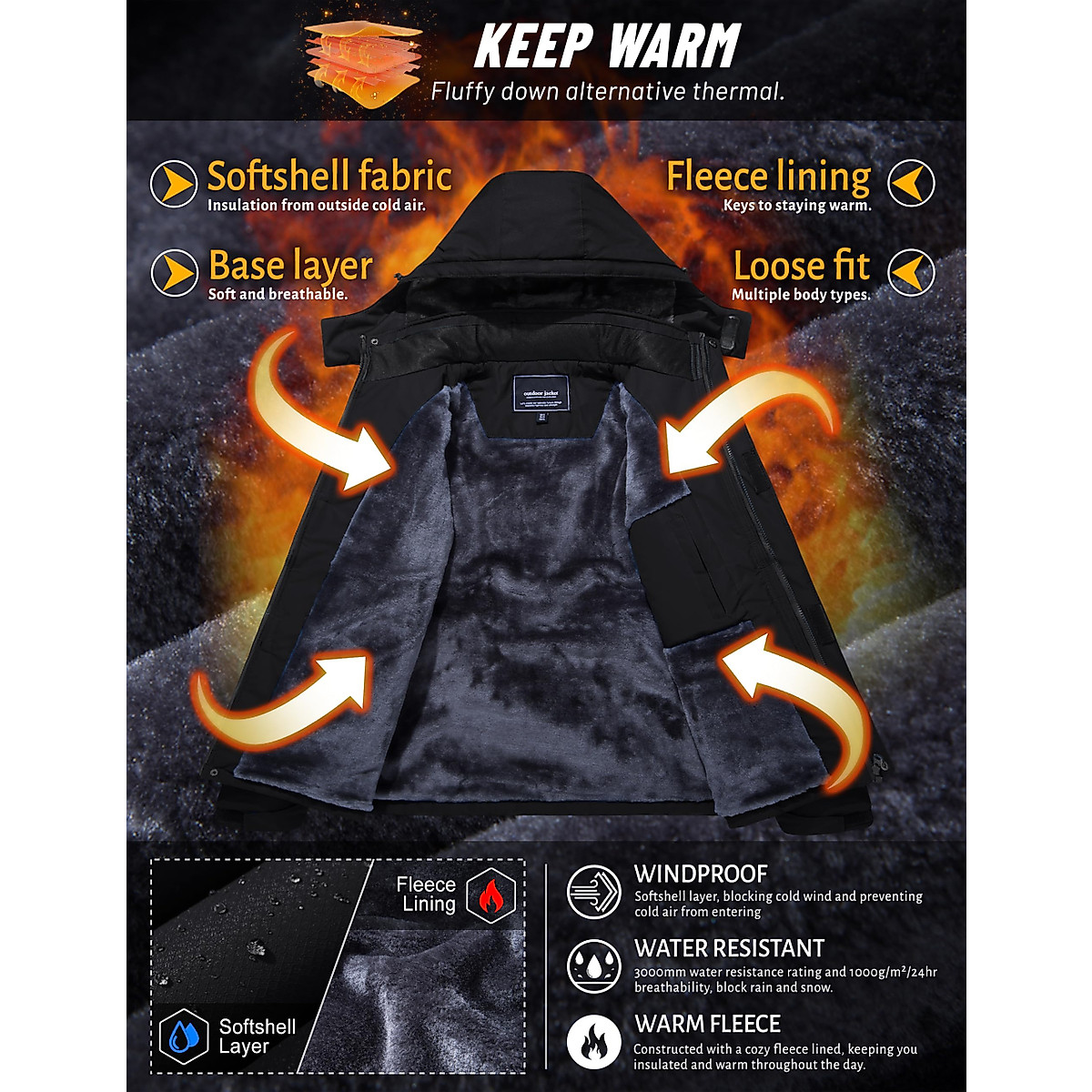 TACVASEN Winter Jacket for Men Skiing Warm Fleece Jackets Hooded Water Resistant Rain Jacket Black Thermal Snowboarding Jacket Windbreaker for Cold Weather