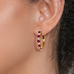 Gem Stone King 18K Yellow Gold Plated Silver Red Created Ruby and White Zirconia Hoop Earrings For Women (2.74 Cttw, Round 4MM and 1.9MM, 1 Inch Diameter)