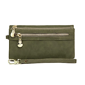 Women Vegan Leather Wallet Long Bifold Clutch Wallet for Women with Zipper Coin Pocket Purse (Green)