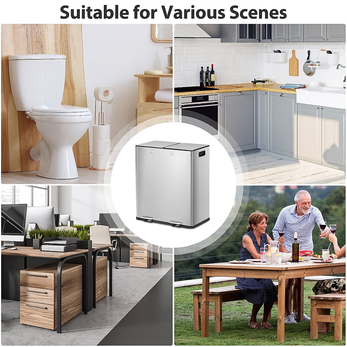 SUPER DEAL Kitchen Trash Can 16 Gallon 60L Dual Stainless Steel Garbage and Recycling Can with Foot Pedal for Kitchen, Living Room, Office, Removable Inner Buckets Soft Close Lid Odor Proof, Silver