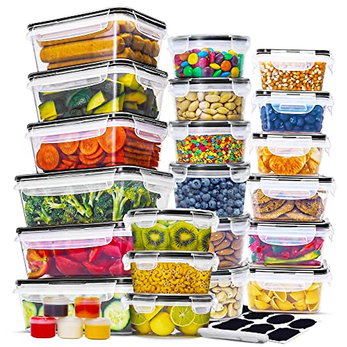 52 Pcs Food Storage Containers with Lids-(26 Stackable Clear Plastic Containers with 26 Lids) BPA-Free 100% Airtight Kitchen and Pantry Organization, Microwave, Dishwasher Safe with Labels & Marker
