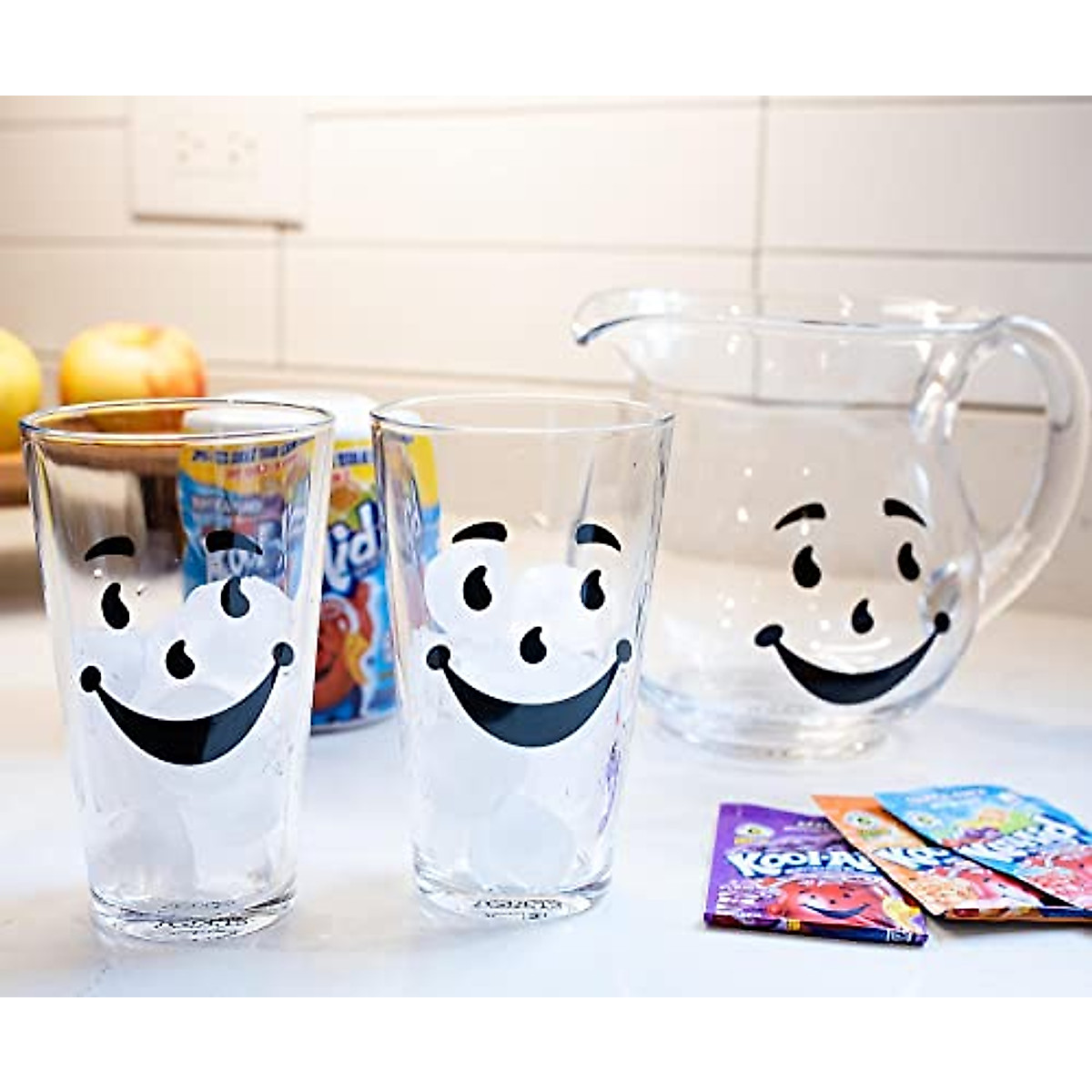 Kool-Aid Man 64-Ounce Glass Pitcher and Two 16-Ounce Pint Glasses | Beverage Dispenser Carafe and Glassware For Water, Juice, Iced Tea, Cocktails | Home & Kitchen Essentials, Nostalgic Gifts