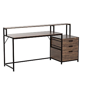 Tribesigns 63 Inch Computer Desk with File Drawer Cabinet, Ergonomic Office Desk with Monitor Stand, Industrial Computer Table with Printer Space, Wood PC Table Workstation Desk for Home Office