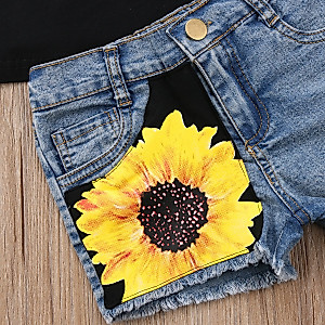 Honganda Fashion 2Pcs Toddler Kids Baby Girl Sunflower Outfits Sleeveless Tank Top+Denim Shorts Summer Clothes (Black, 4-5T)