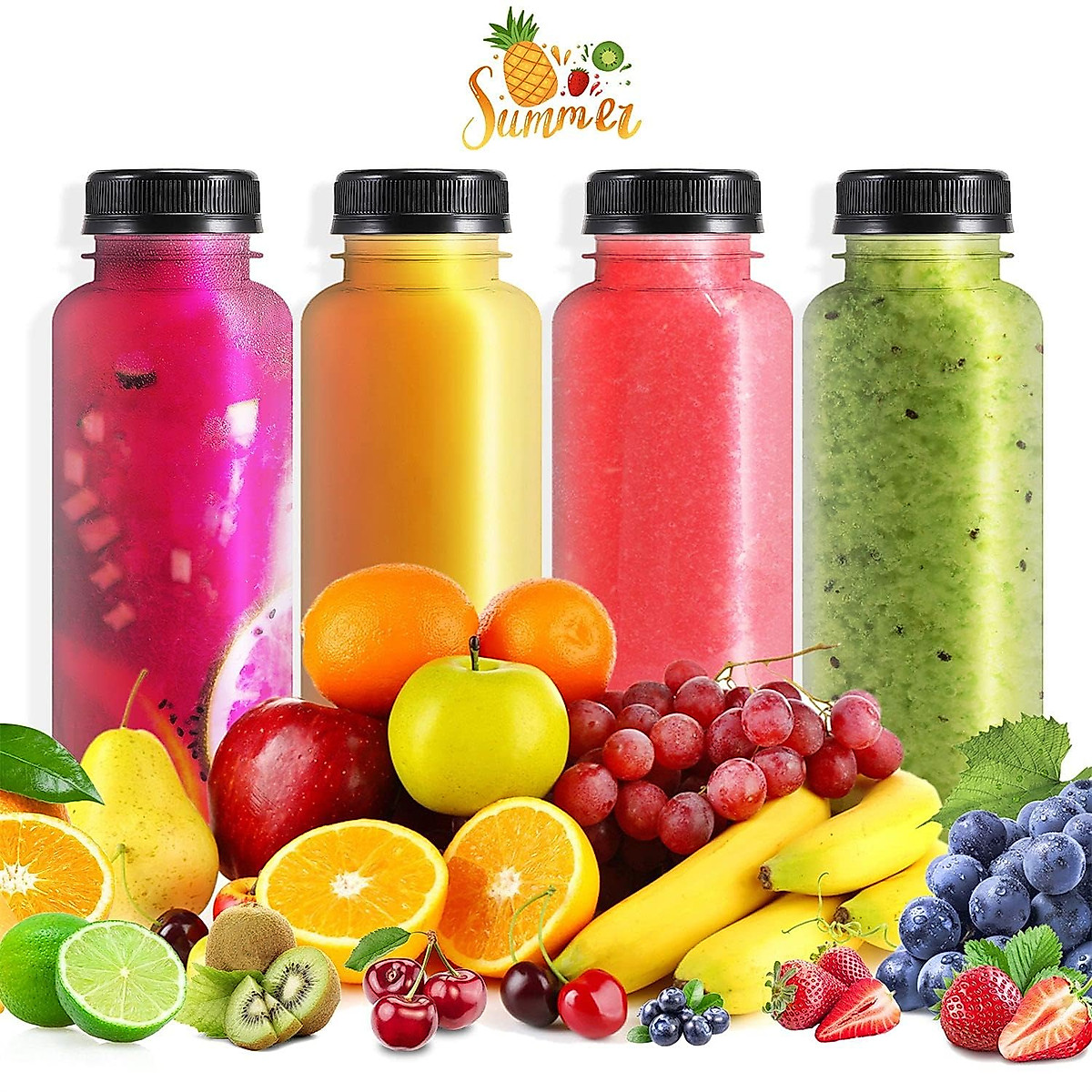 Kaderron 40pcs 12oz Plastic Juice Bottles with Caps, Empty PET Disposable Plastic Bottles, Clear Bulk Drink Containers with Black Tamper Evident Lids for Juicing, Drinking and Other Beverages