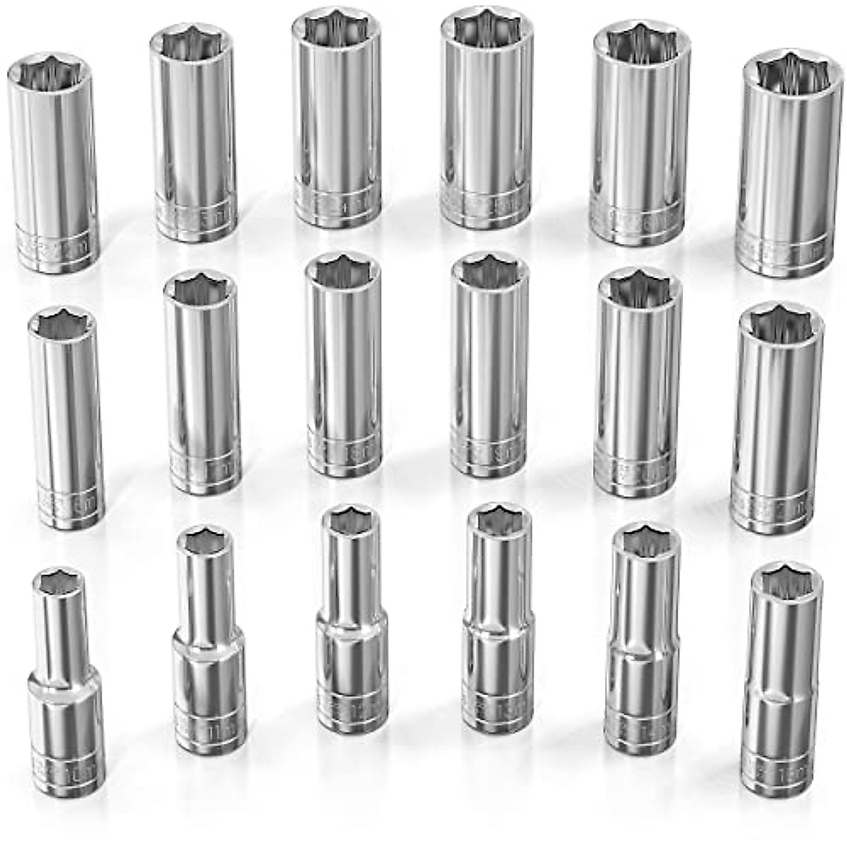 Olsa Tools Metric Socket Set (18pc) | 1/2-Inch Drive | 6-Point Deep Socket Set | Metric Sizes from 10 mm to 27 mm | Mechanic Metric Socket Sets | Long Chrome Sockets | Professional Grade