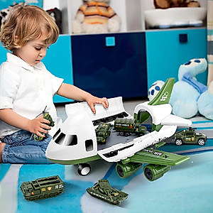 UNIH Airplane Toys Set, Transport Cargo Airplane and 6PCS Mini Army Vehicles, Military Vehicle Play Set Birthday for Kids Toddlers Boys 3 4 5 6 Years Old