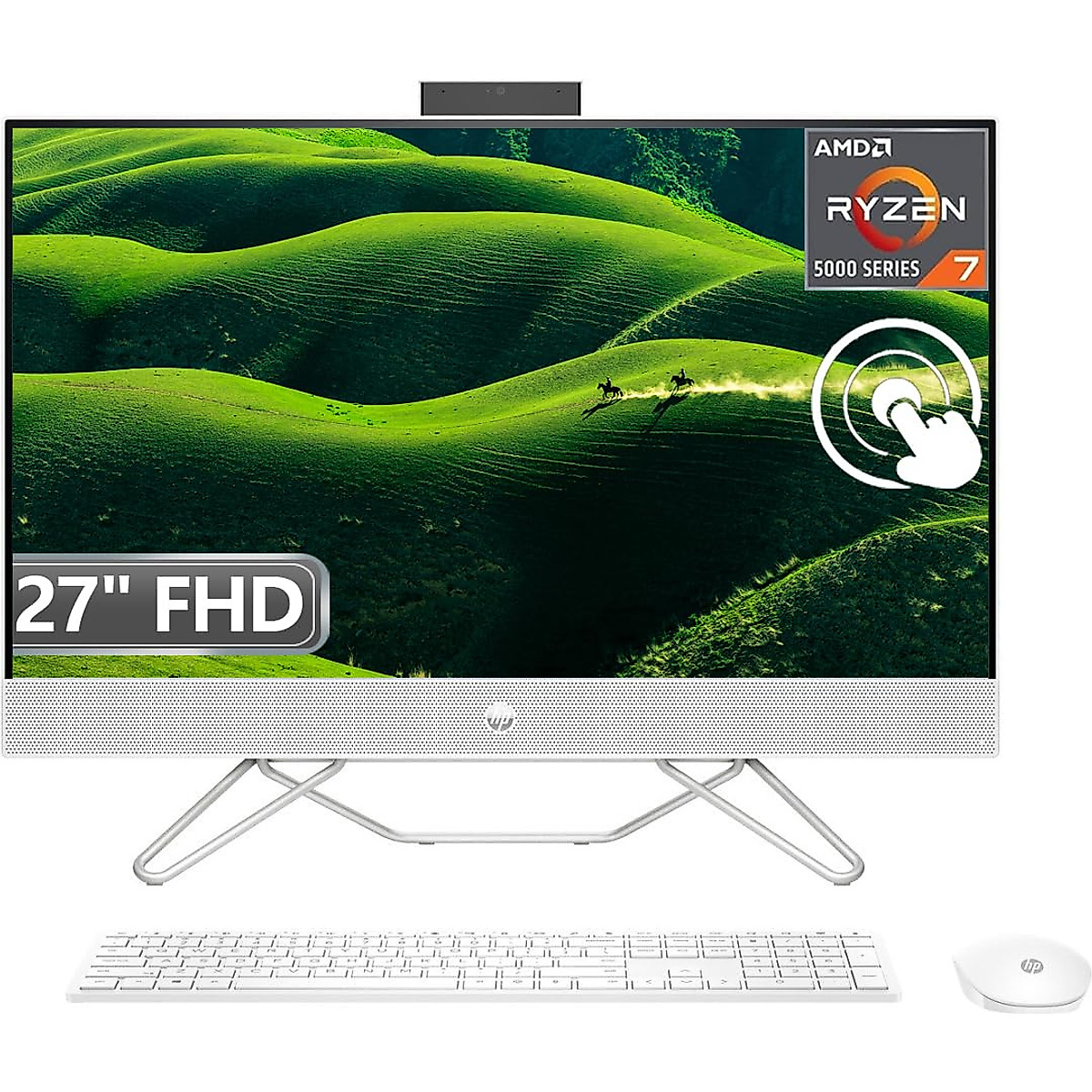 HP 27" Touchscreen All in One Desktop Computer, 27" Touch FHD, 8 Core AMD Ryzen 7 Processor, 32GB DDR4 RAM, 1TB SSD, WiFi, Bluetooth, 1080P Webcam, Wireless Keyboard and Mouse Combo, Windows 11 Home