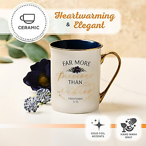 Christian Art Gifts Ceramic Coffee & Tea Mug for Women 12 oz Navy Blue Floral w/Gold Accents Inspirational Bible Verse Mug -More Precious than Rubies - Proverbs 3:15 Lead-free Scripture Cup