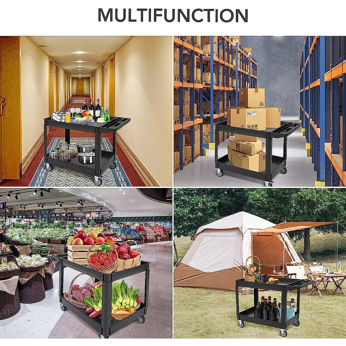 Service Cart 2-Shelf, Storage Handle, 500 lbs Capacity, for Warehouse/Garage/Cleaning/Manufacturing，45"X25"