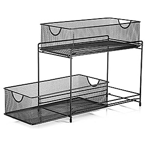 Halter 2-Tier Mesh Sliding Drawer Baskets, Bathroom, Pantry, Storage, Clothing, Cabinet Organizers, 14 by 12.75 by 6.75 Inches, Black