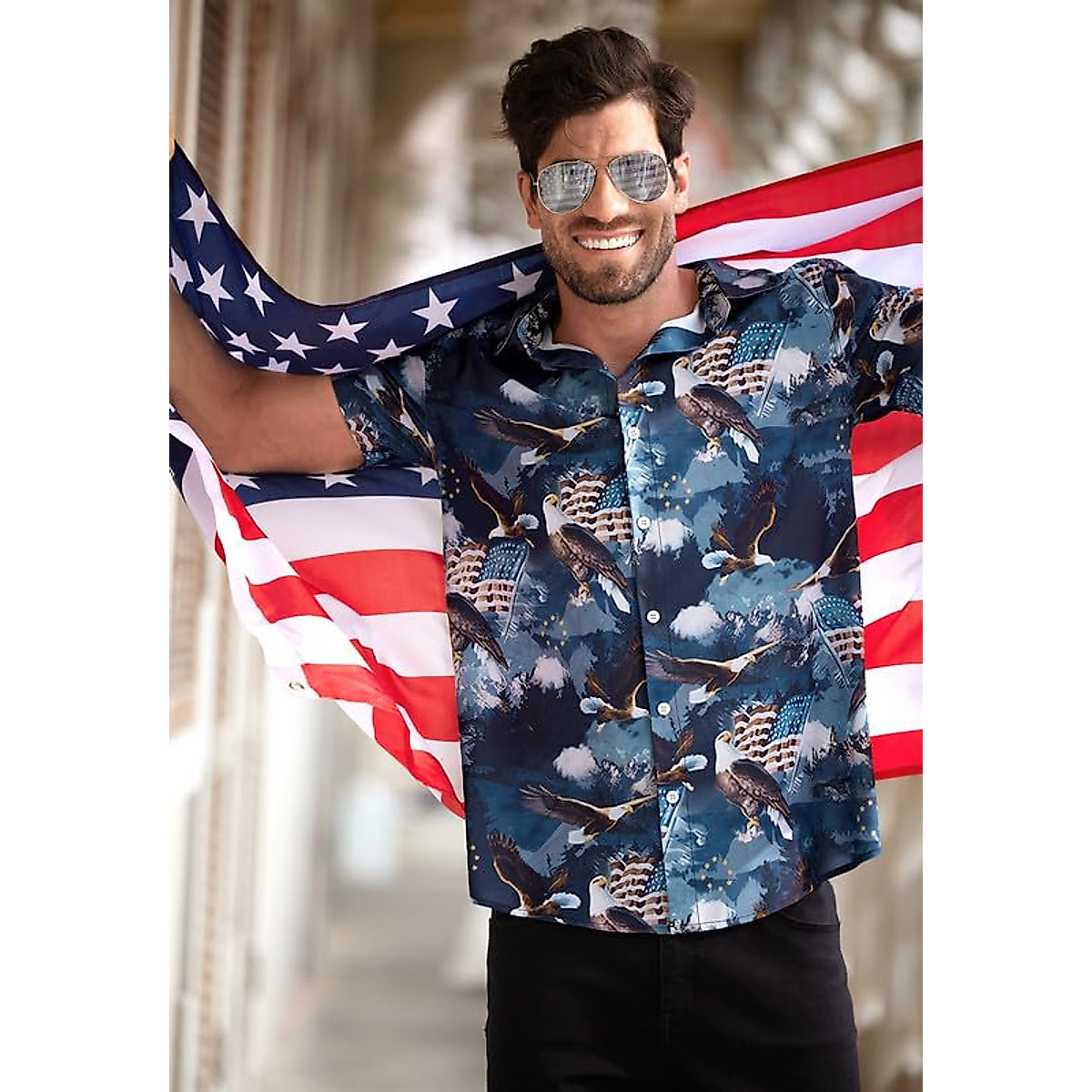 Arvilhill Men's Fashion Star and Flag Button Shirt American Flag Traveling Button Shirt US Flag Short Sleeve Button Shirt L