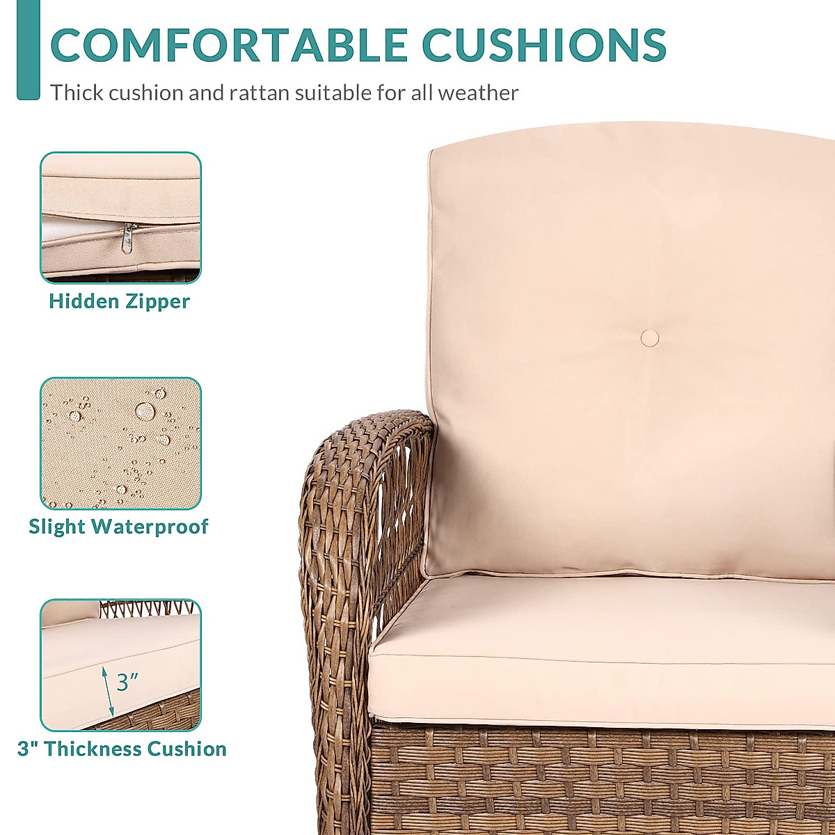 MEETWARM 5 Pieces Outdoor Patio Rattan Furniture Sets, All Weather Patio Wicker Conversation Set - 2 Rocking Swivel Chairs 1 Rattan Loveseat Glider with Cushions, 2 Glass-Top Coffee Table, Beige