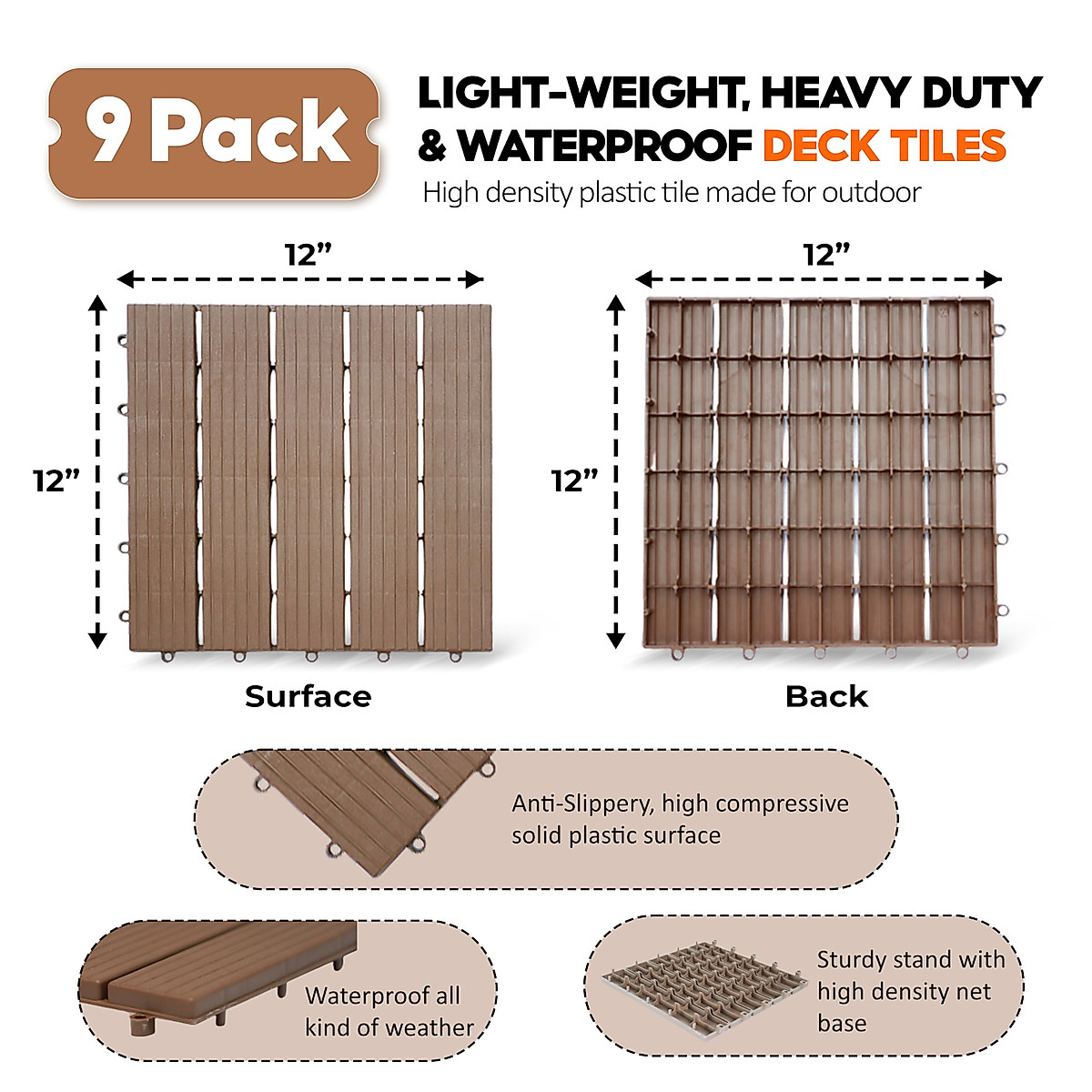 CLOVERHOLM Pack of 9 Composite Deck Tiles, Interlocking Patio Tiles, Decking Tiles Outdoor Waterproof All Weather, Outdoor Shower, Balcony Floor, Porch Flooring, Poolside Walkway (12 Inch, Brown)