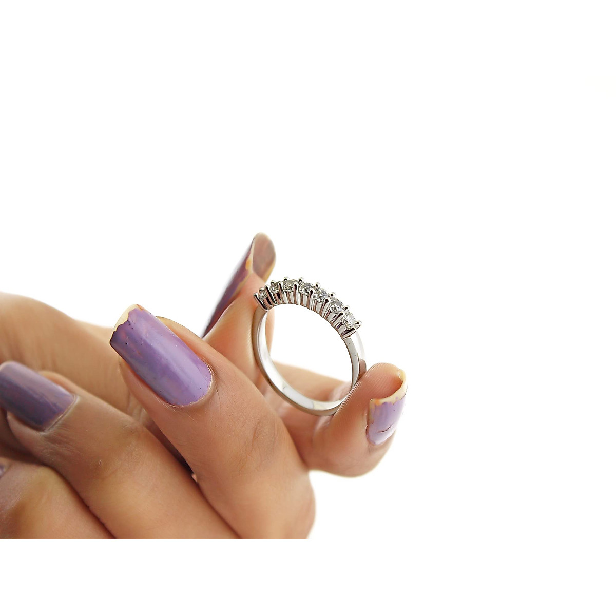 Halo Jewelers Collection 14k White Gold 1/2 Carat (ctw) Round Natural White Diamond 7-Stone Half Eternity Wedding Band Ring for Women Engagement Birthday (Color: H-I, Clarity: I1-I2, 0.50ctw) Size-4.5