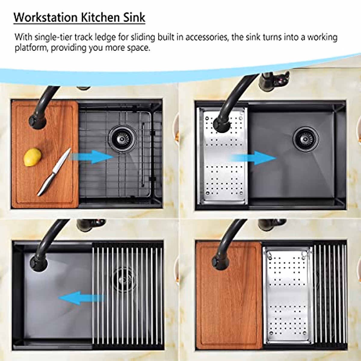 25 Inch Undermount Kitchen Sink Workstation, Jshozzy 25x19 Handmade Black 304 Stainless Steel Undermount Kitchen Sink with Offset Drain Deep Single Bowl Bar Prep Sink Basin