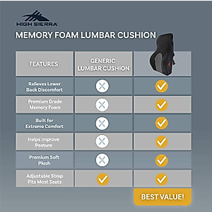 High Sierra HS1434 Back Support/Black Full Size Ergonomic Pillow Premium Memory Foam Lumbar Cushion for Office Chair, Car, SUV Fits Most Seats