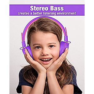 Kids Headphones, Eposy E10 Wired Headphones for Kids Foldable Stereo Bass Headphones with Adjustable Headband, Tangle-Free 3.5 mm Jack for School, On-Ear Headset for Boys Girls Cellphones(Pink/Purple)