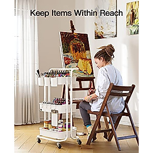 Pipishell 3-Tier Rolling Cart with Wheels - Rolling Storage Cart with Hanging Cups & Hooks - Mobile Utility Cart for Office, Kitchen, Craft Room - Art & Craft Organizer (White, PIUC06W)"