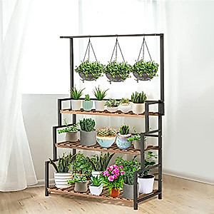 ULIKE Hanging Plant Shelves Indoor 3-Tier Stand with Bar, Flower Pot Organizer Outdoor Shelf for Multiple Plants, Wood Rack with Metal Frame for Garden Balcony Patio Bedroom Office