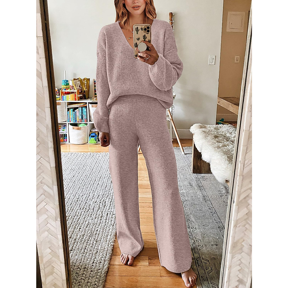 ANRABESS Women 2 Piece Outfits Sweater Lounge Sets Long Sleeve Cable Knit Pullover and Wide Leg Pants Tracksuit Matching Set Large