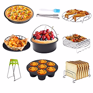 7 Inch 10pcs Air Fryer Accessories Set Fit for Gowise Gourmia Cozyna Ninja,Fit All 3.2qt-6.8qt Air Fryer,Kits with Skewers Silicone Mat,Pizza Pan,Cake Barrel,Non-Stick,Dishwasher Safe,Universal,Black